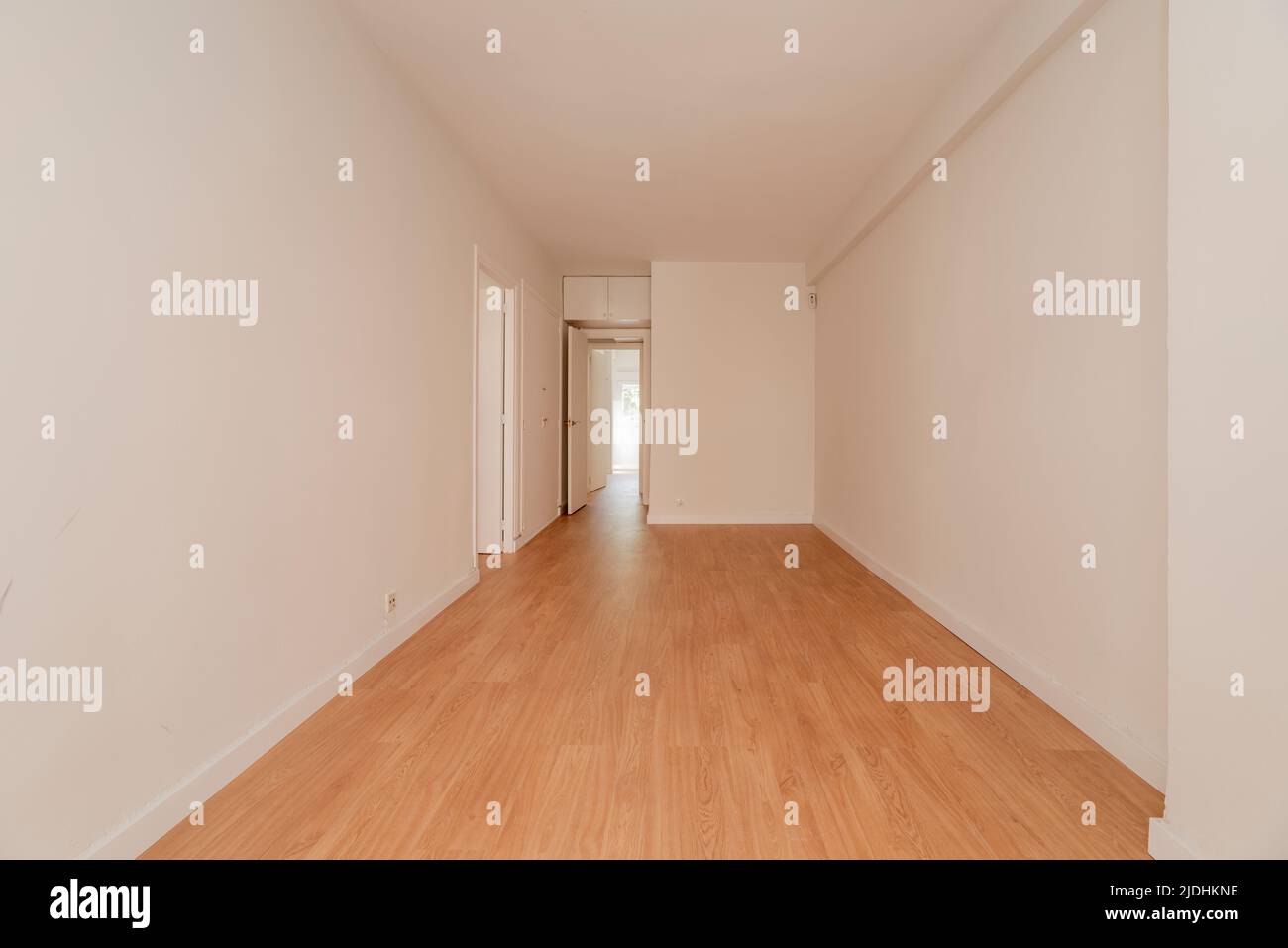 Empty room with access doors to other rooms, wooden floors and plain ...