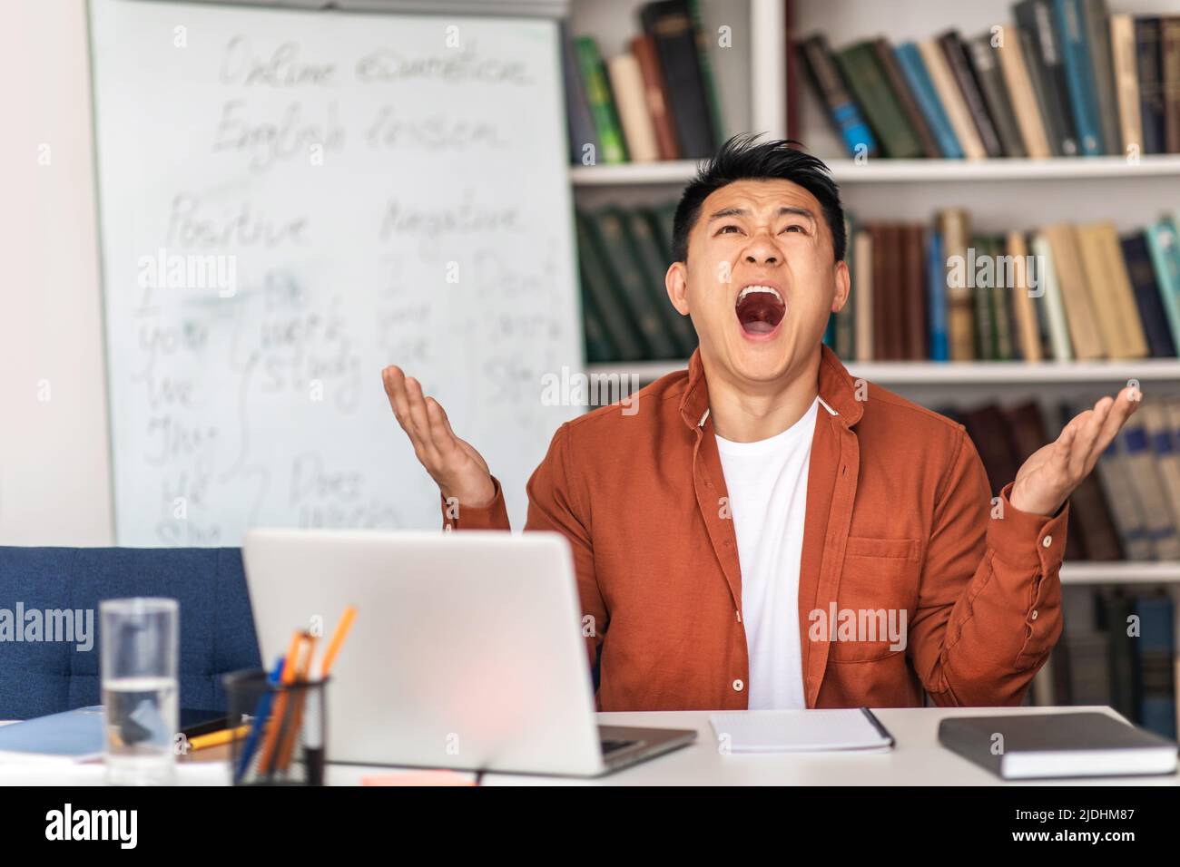 Japanese Teacher Man Shouting Having Professional Burnout Sitting In ...