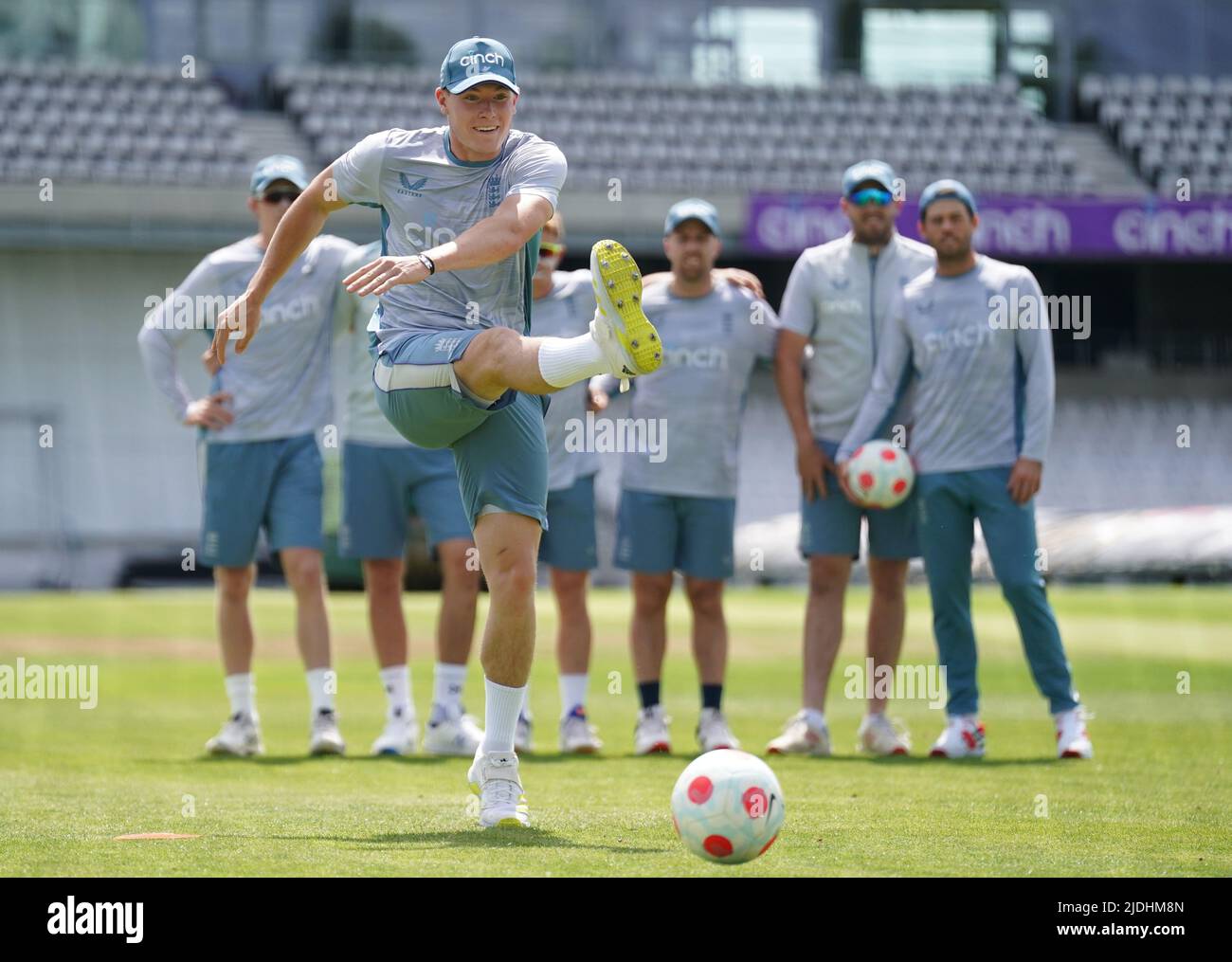 England's Matthew Potts takes part in a penalty shoot-out during a nets ...