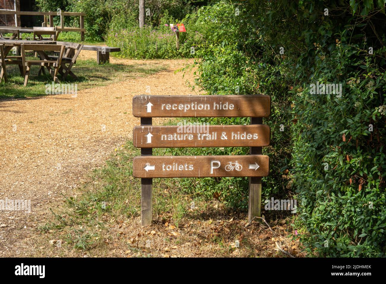 A view of the entrance and signs to RSPB Strumpshaw Fen in Norfolk ...