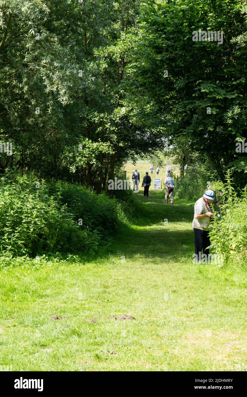 A view of people walking on RSPB Strumpshaw Fen in Norfolk England ...