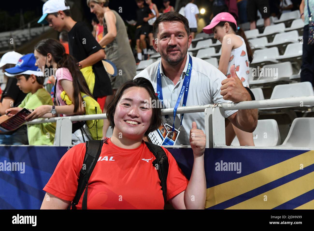 Women's javelin winner Haruka Kitaguchi (JPN) poses with coach during ...