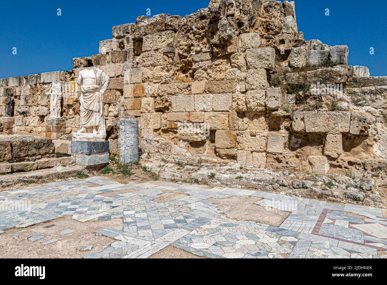 The ruins at ancient Salamis in Northern Cyprus, with a blue sky ...