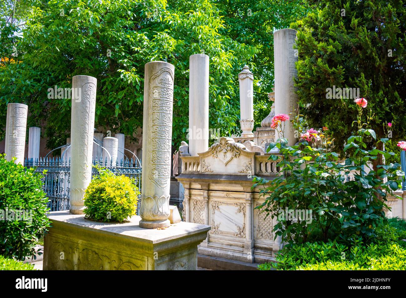 Istanbul, Turkey - May 29, 2022: Old cemetery with marble tombs and ...