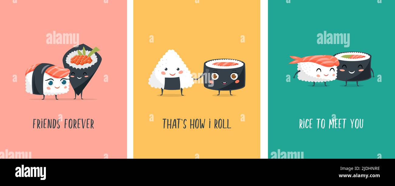 Funny Sushi concept design with sushi characters. Cute vector ...