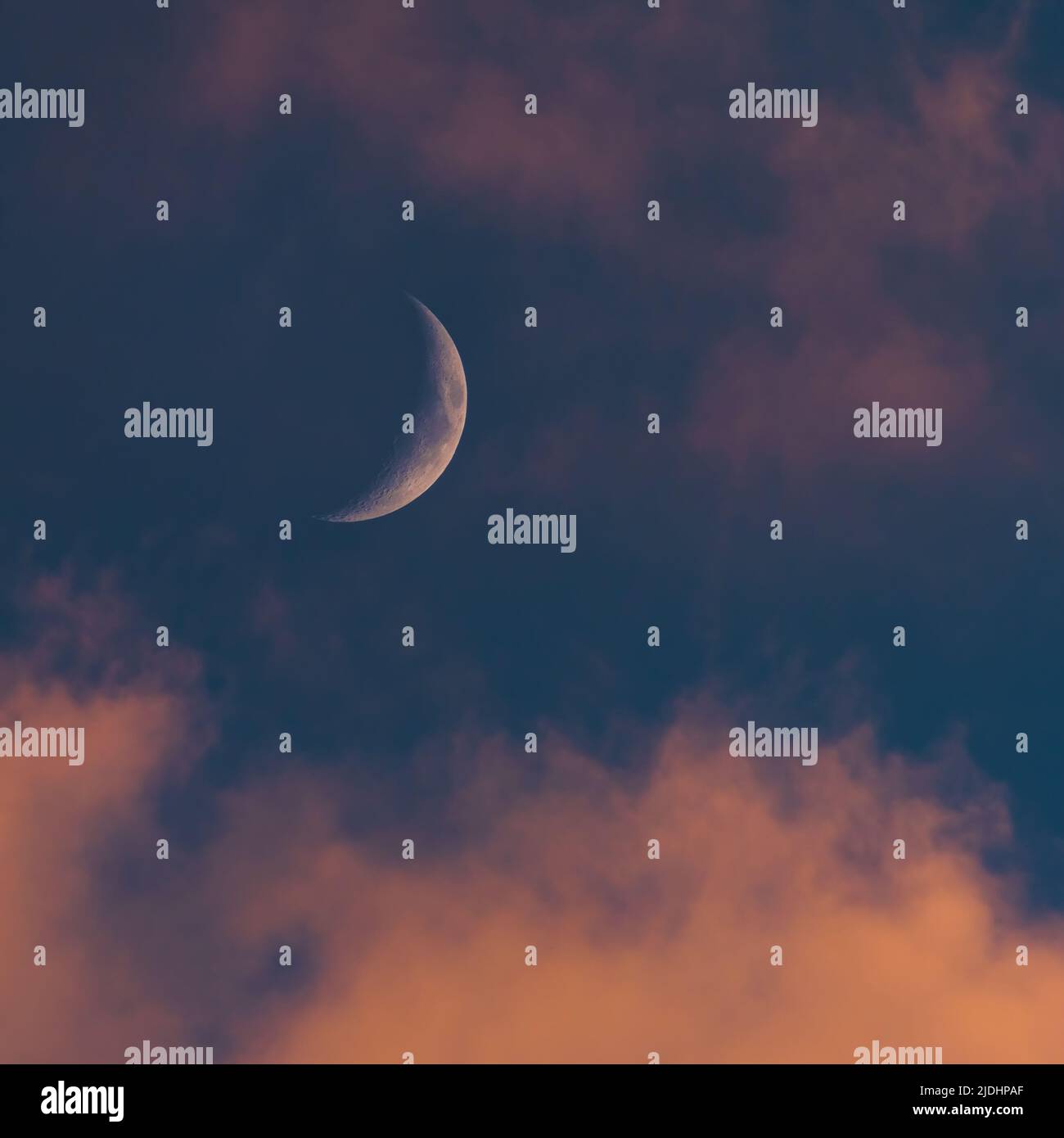 Sunset sky with large crescent moon, evening sky background Stock Photo ...