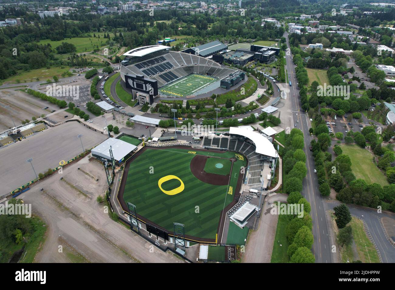 A general overall aerial view of PK Park (left) and Autzen Staidum ...