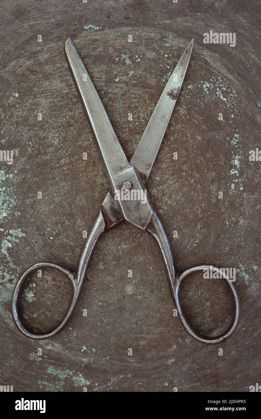 Vintage steel kitchen scissors lying wide open on tarnished metal Stock ...