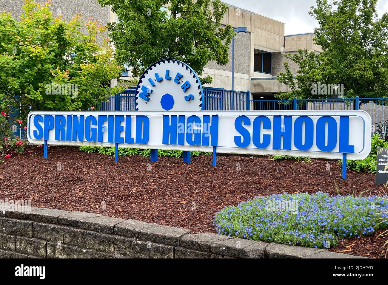 A Springfield High School sign with Millers mascot logo, Saturday, June ...