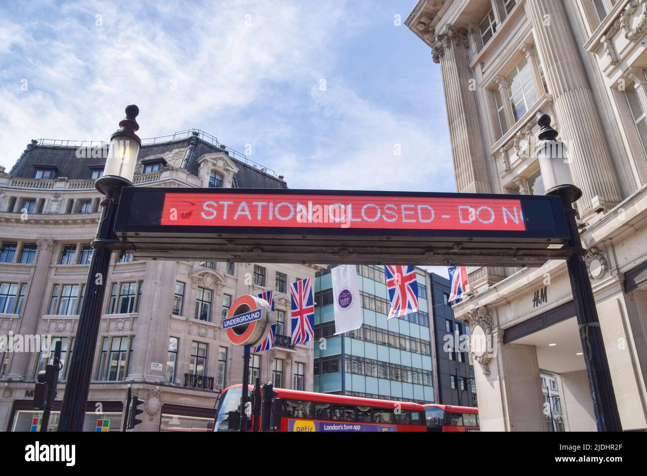 London, UK. 21st June 2022. 'Station closed' sign at Oxford Circus ...