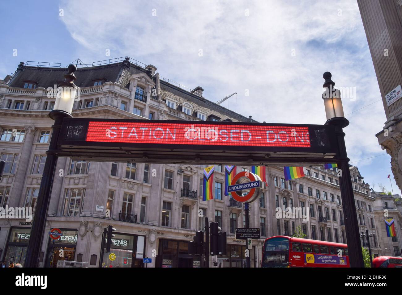 London, UK. 21st June 2022. 'Station closed' sign at Oxford Circus ...