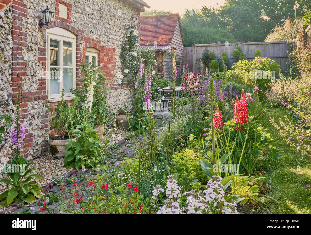 English Country Garden with cottage garden plants in summer and a flint ...