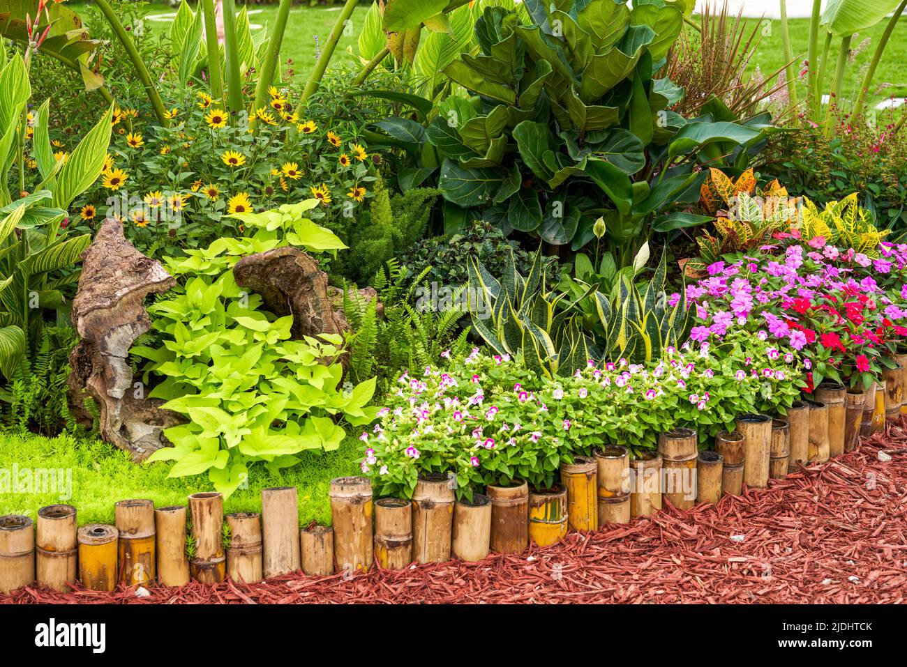 Landscape design of flowers and plants for modern flower gardens Stock ...