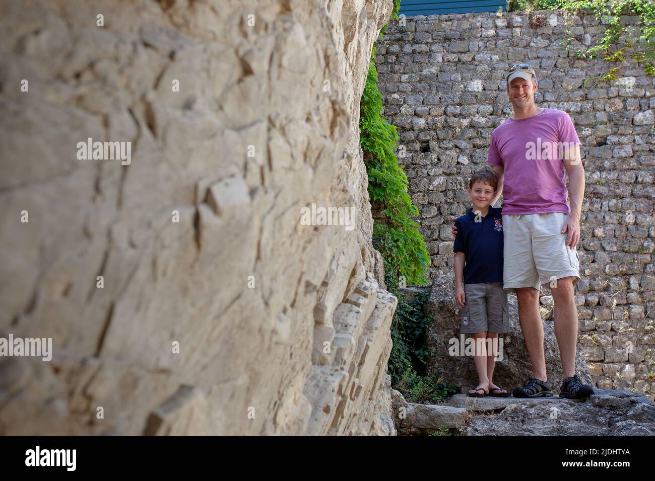 A father and son posing for a photo together, Seillans, France Stock ...