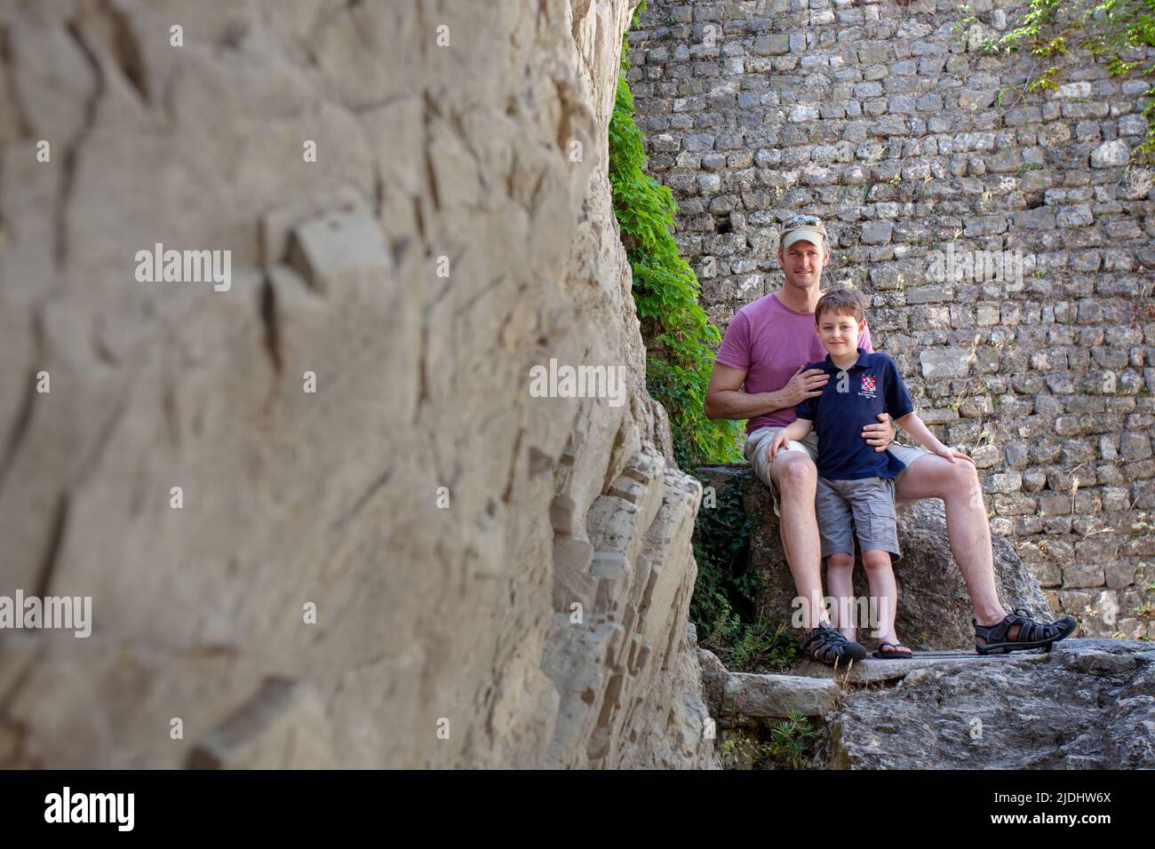 A father and son posing for a photo together, Seillans, France Stock ...
