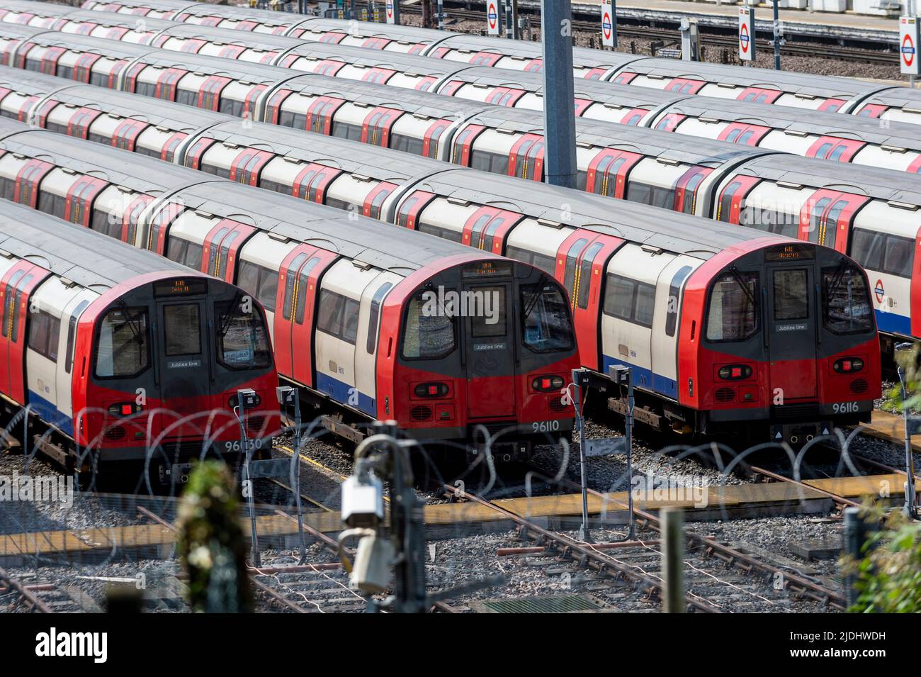 London, UK. 21 June 2022. Tube trains parked up at Stanmore tube ...