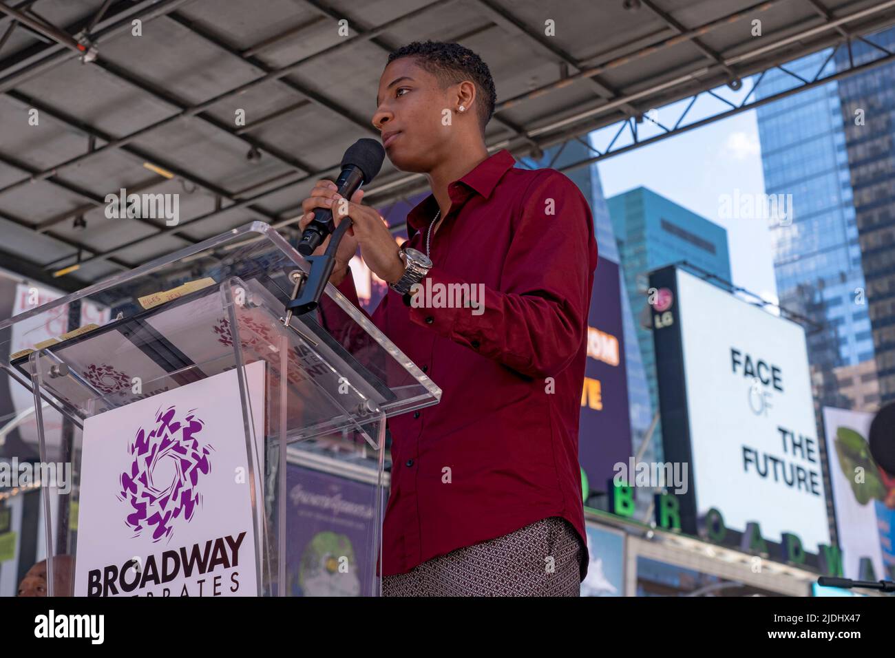 Tony Award winner actor Myles Frost speaks during Broadway Celebrates ...
