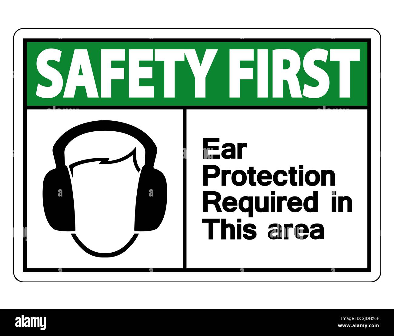 Safety first Ear Protection Required In This Area Symbol Sign on white ...