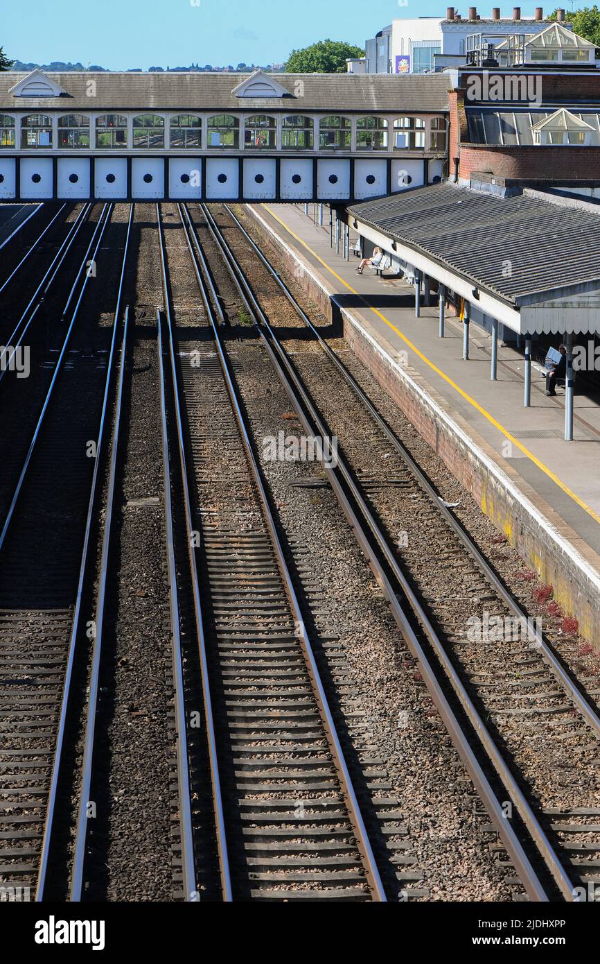 Eastleigh railway station without a train in photographed from above ...