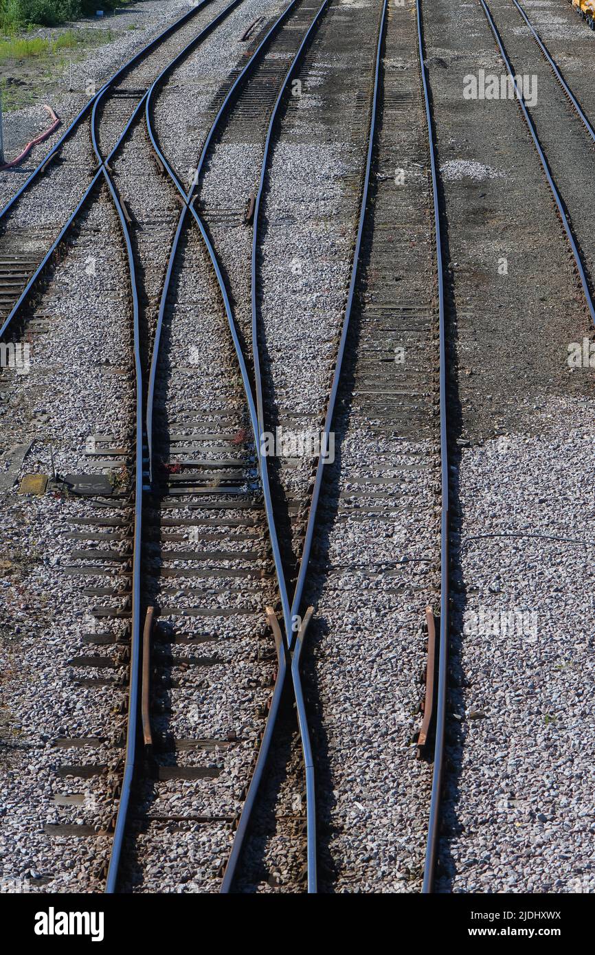 Empty railway lines junction photographed from above showing track only ...
