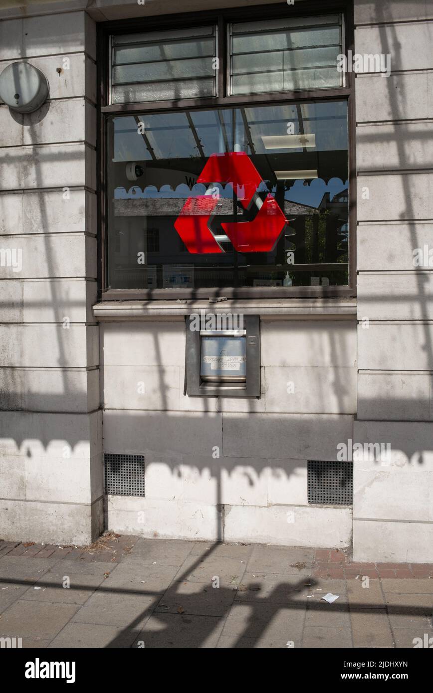 Nat west red bank logo hanging in window of Eastleigh branch hampshire ...