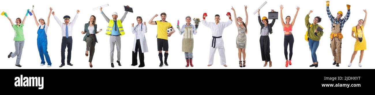 Set collage image of profession different workers with raised arms ...