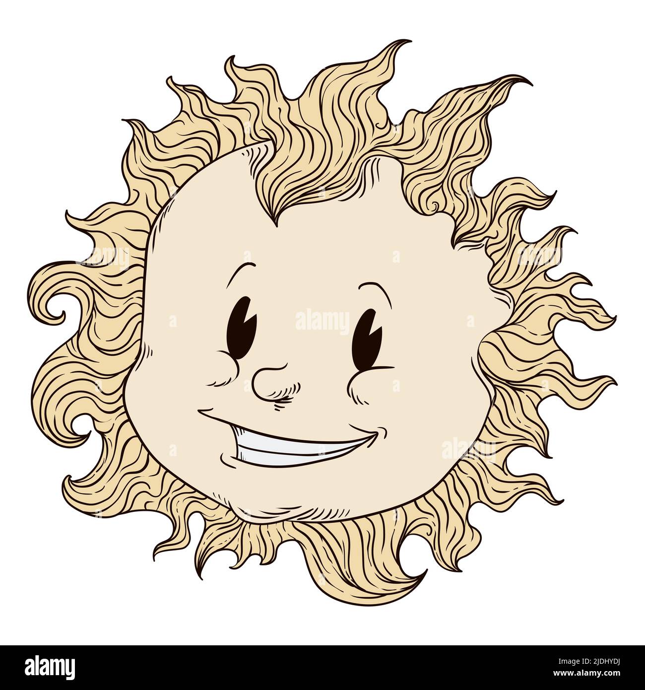 Design in retro style and outlines with smiling sun, pale yellow color ...