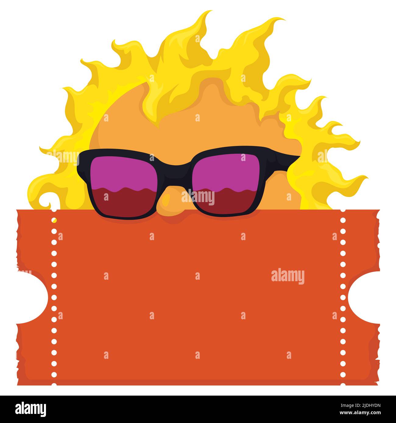 Mischievous sun with cool sunglasses leaning out behind an empty orange ...