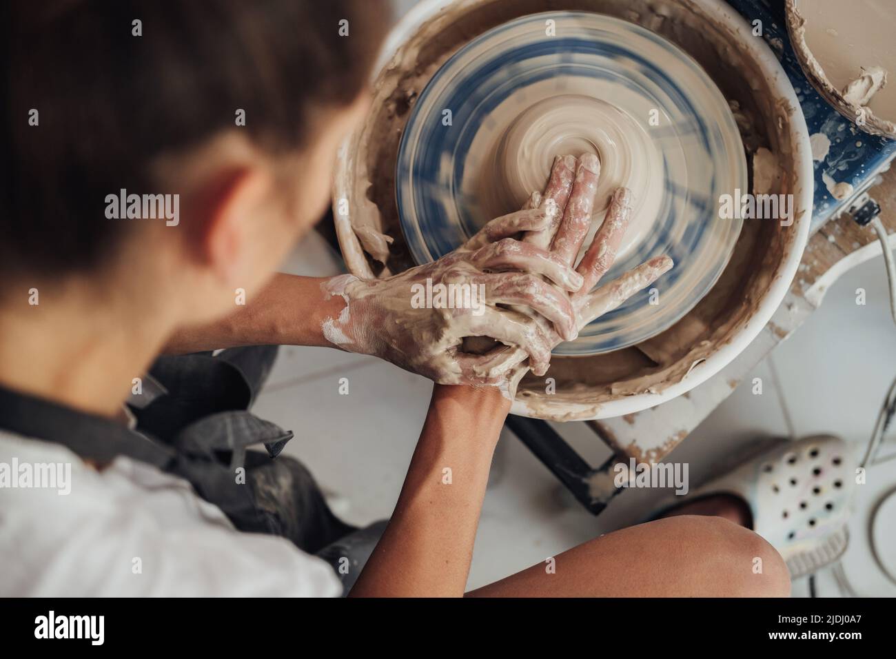 Flat Lay of Female Pottery Master at Work in Clay Studio, Handmade ...