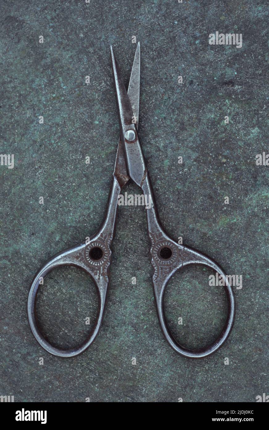 Antique steel sewing scissors decorated with small pattern lying on ...