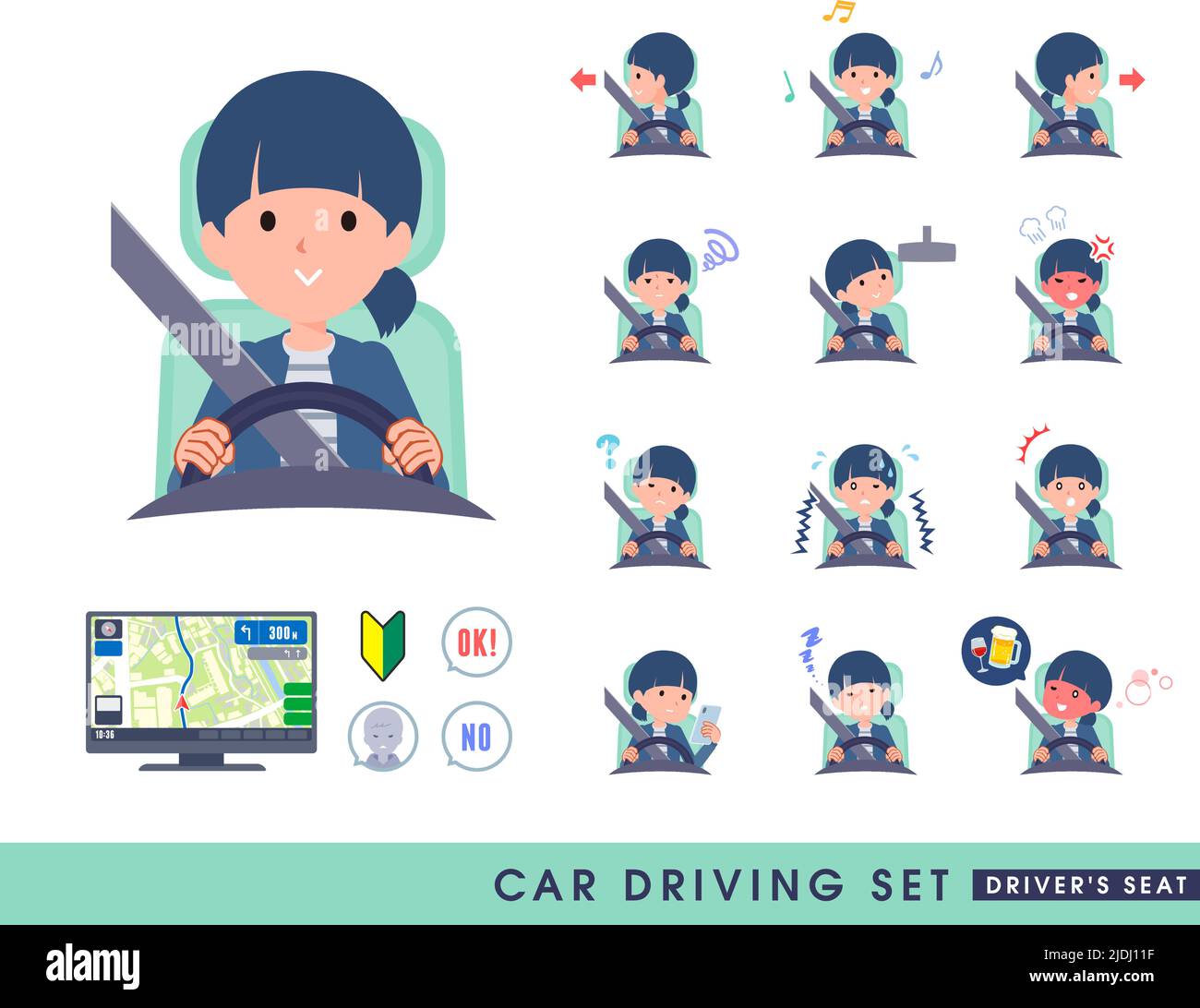 A set of natural style women driving a car(driving seat).It's vector ...