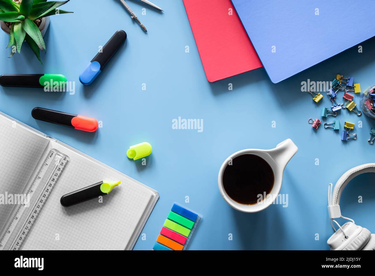 Flat lay with stationery items, pupil and student workplace concept ...