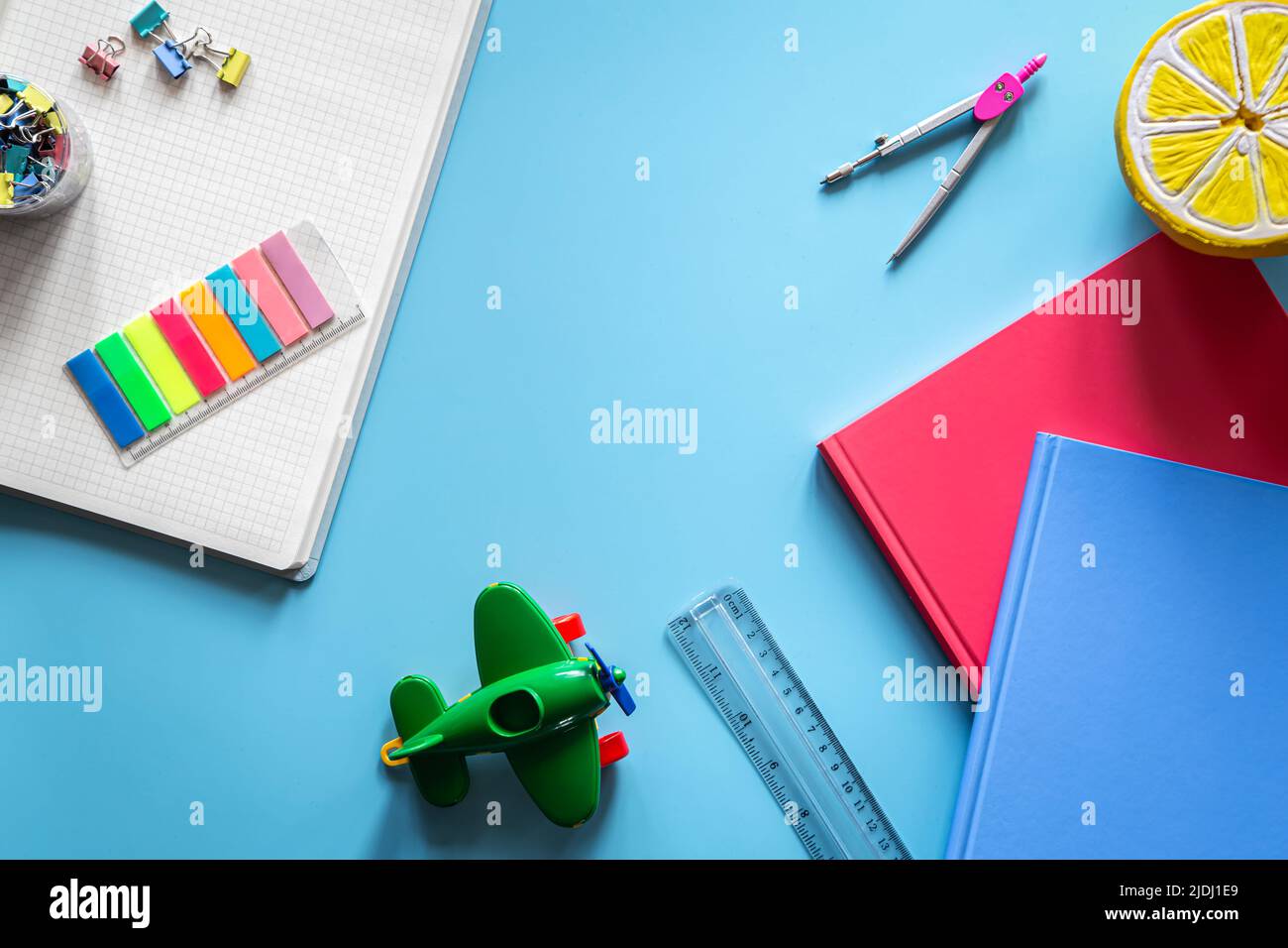 Flat lay with stationery items, pupil and student workplace concept ...