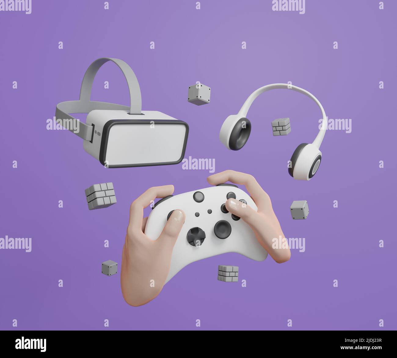 Hand holding white joystick gamepad controller VR goggles and headphone ...