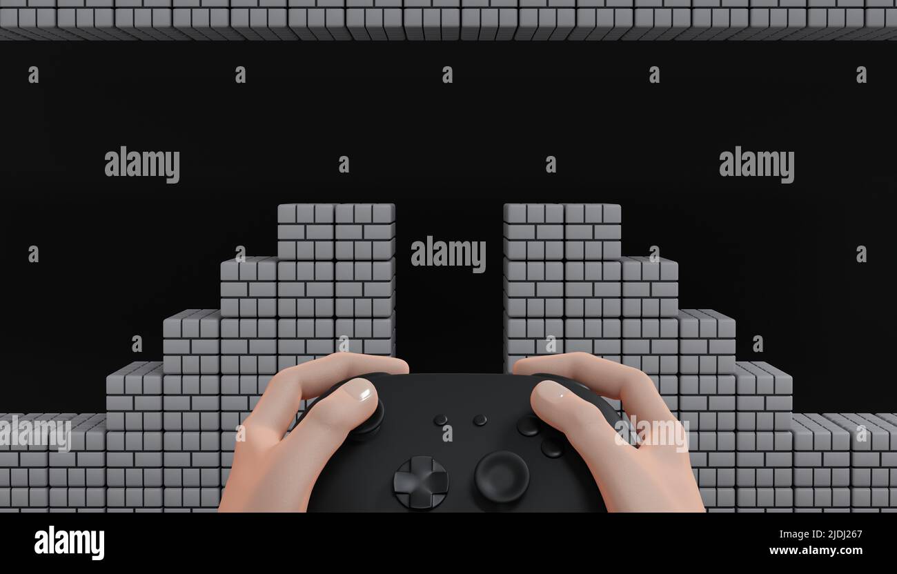 Two hands holding black gamepad joystick controller with old arcade ...
