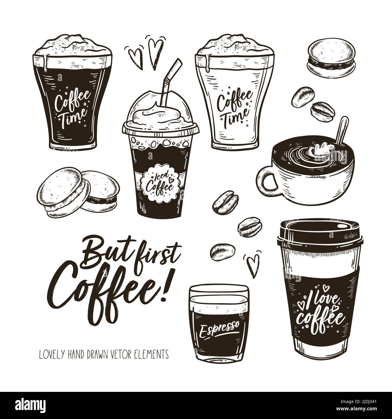 Lovely hand drawn coffee elements with nice toppings and cute mugs ...