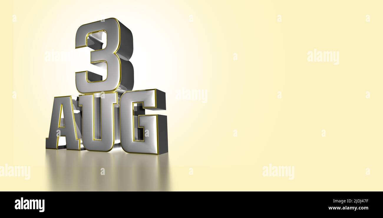 Aug 3 rd.Day 3 of August month stainless steel gold rim 3D illustration ...
