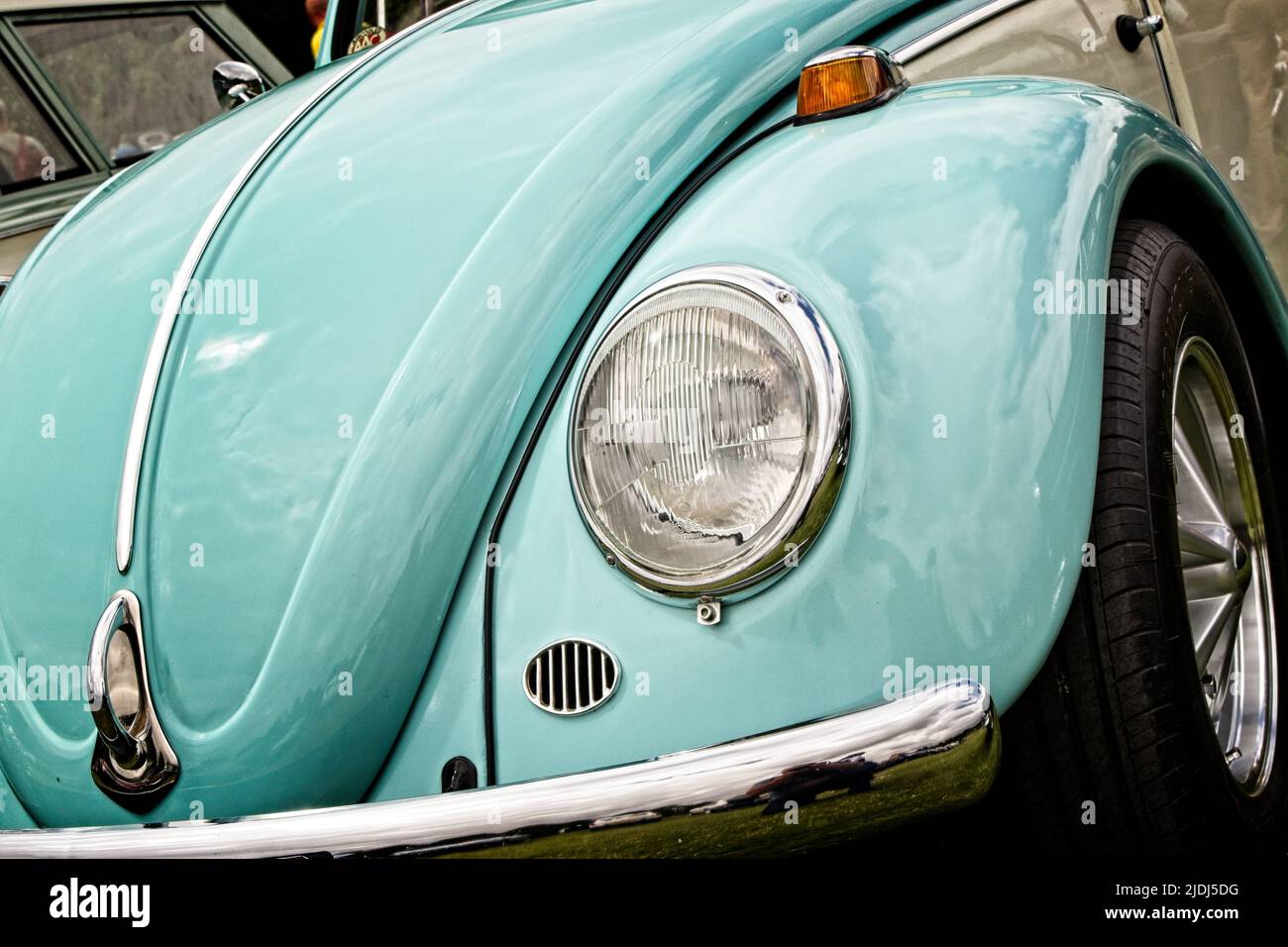 Front end close up of a blue classic vintage VW Beetle motor car Stock ...