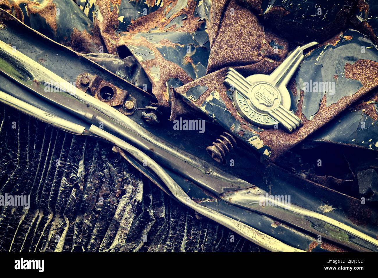 The twisted metal remains of a crushed and baled Morris motor car Stock ...