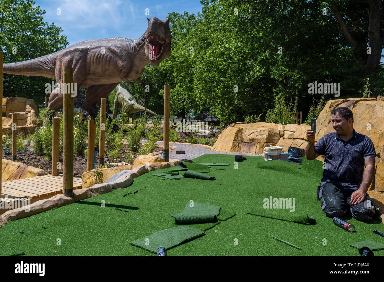London, UK. 21 June 2022. Finishing touches are made to Jurassic Island ...