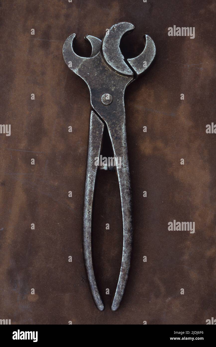 Vintage metal tool with twin heads used for applying tethering rings to ...