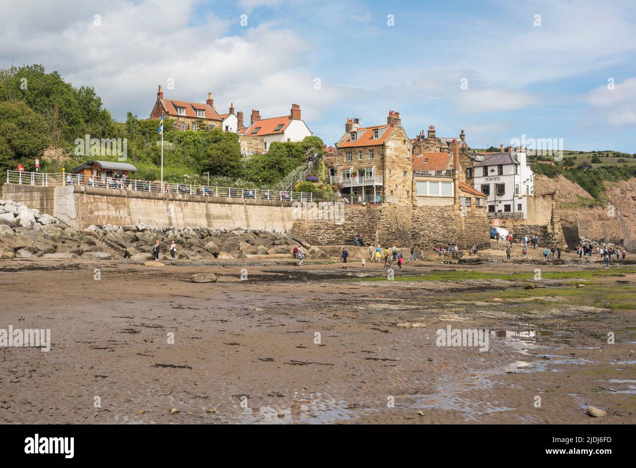 Robbin Hood's Bay village viewed from sandy beach, North Yorkshire ...