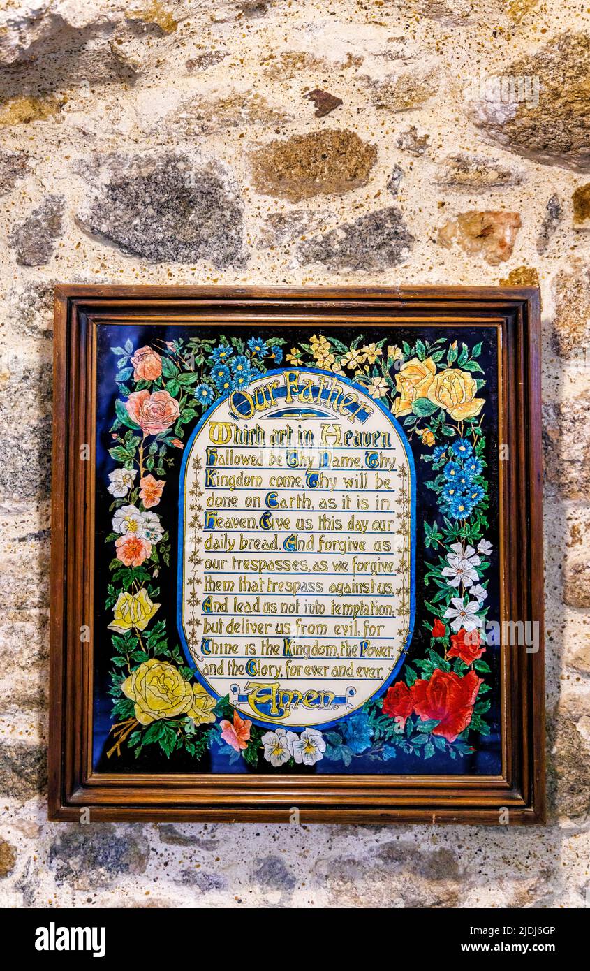 The words of the Lord's Prayer framed in St Tugual's Chapel in Herm, an island in the Bailiwick ...