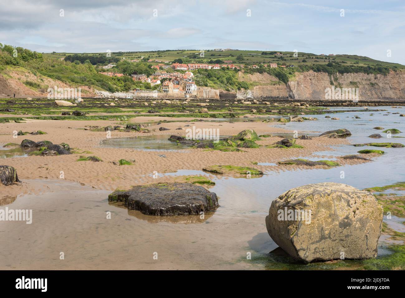 Robbin Hood's Bay village viewed from sandy beach, North Yorkshire ...
