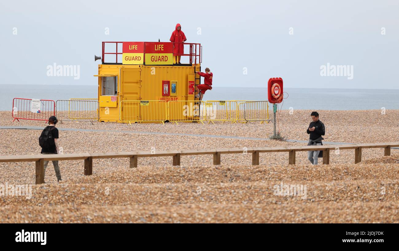 Brighton, UK 21st June, 2022 : A new elevated Life Guard post made from ...