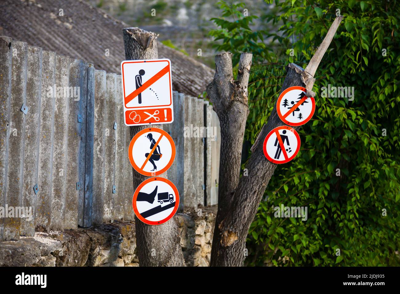 Warning signs on the road in Trebujeni village in Moldova Stock Photo ...