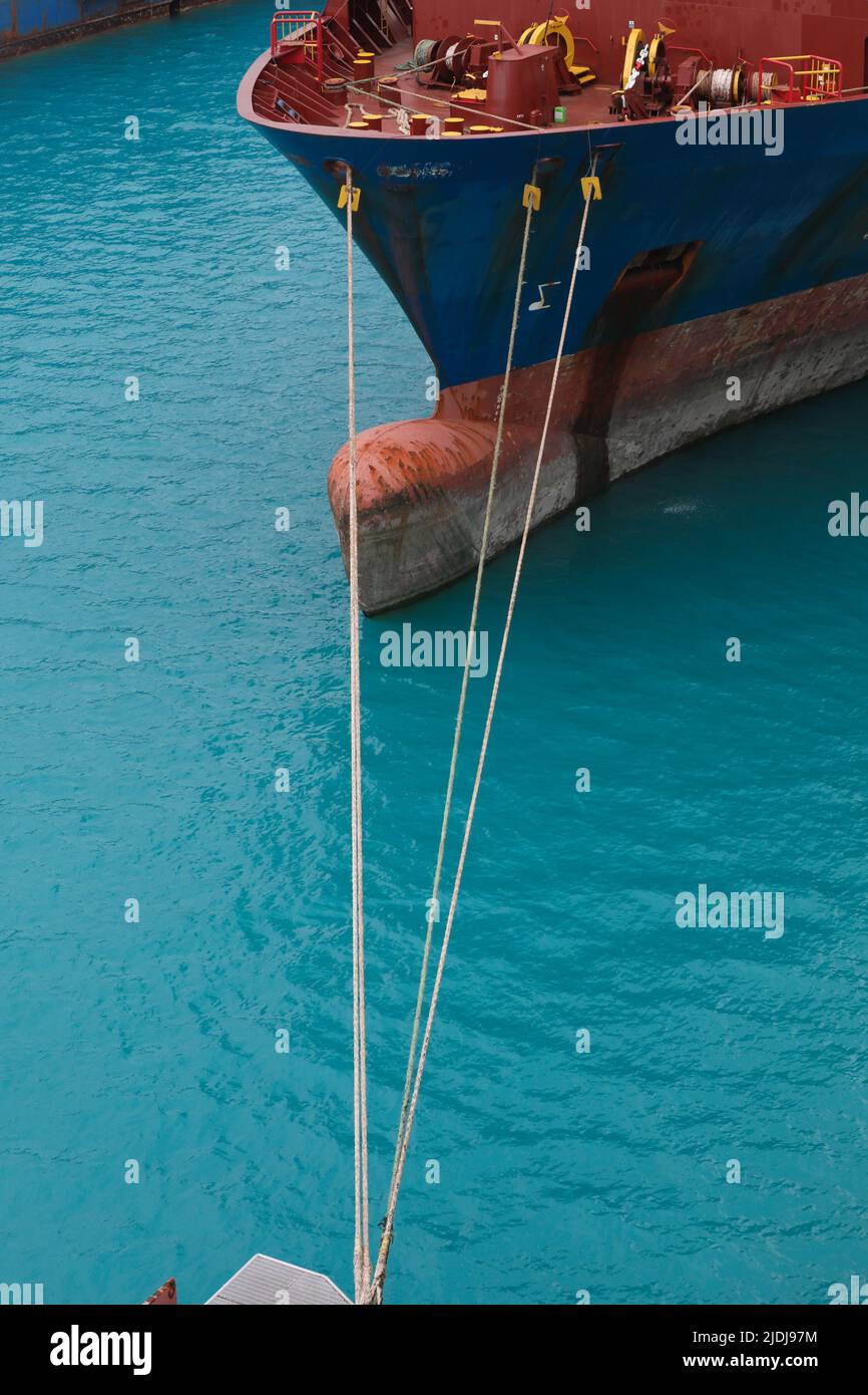Ships mooring ropes, view from the bollard, wit a focus on a front ...