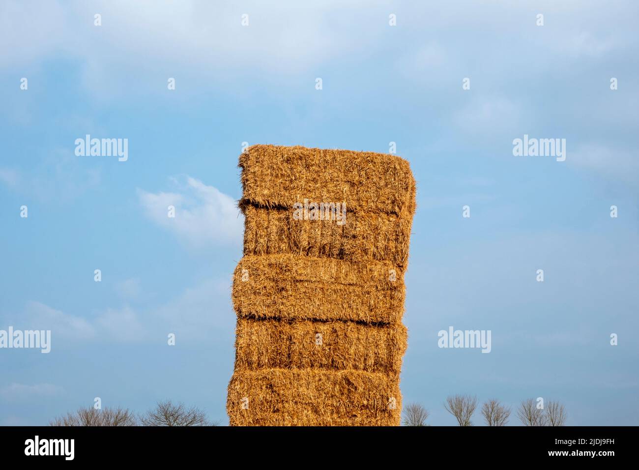 Top of a rectangular hay stack surrounded by pale blue sky with light ...