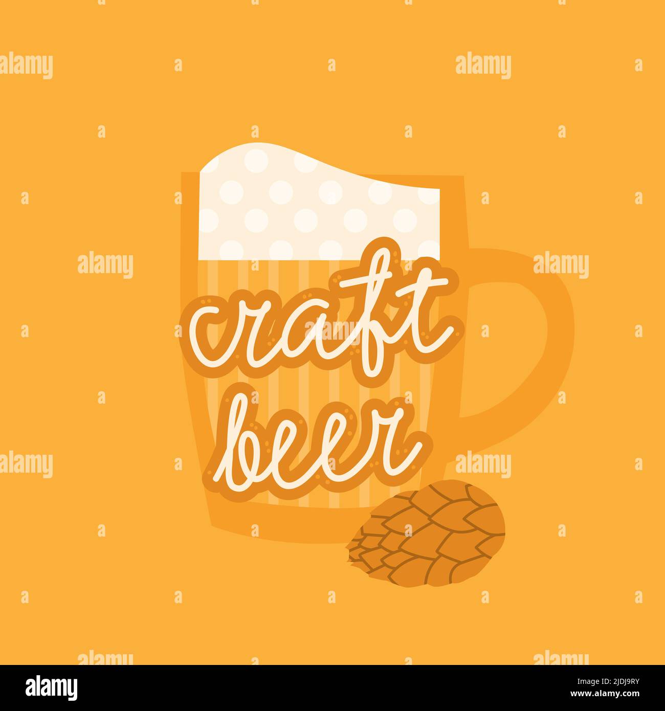 Craft beer lettering. Flat vector illustration of a beer mug and hops ...