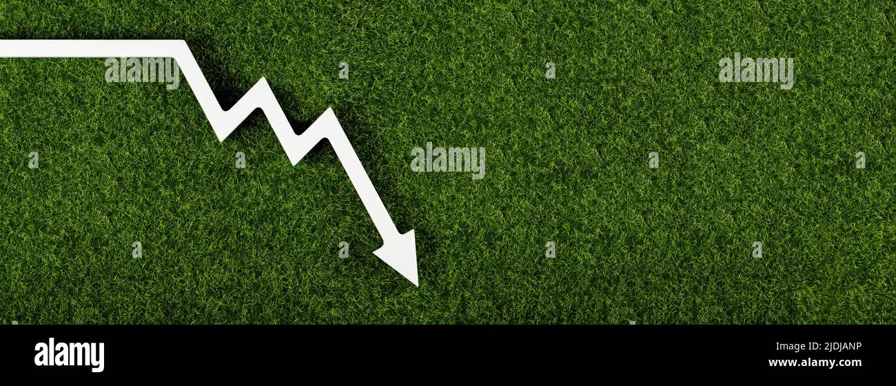 White chart arrow on green grass pointing down. Business loss symbol ...